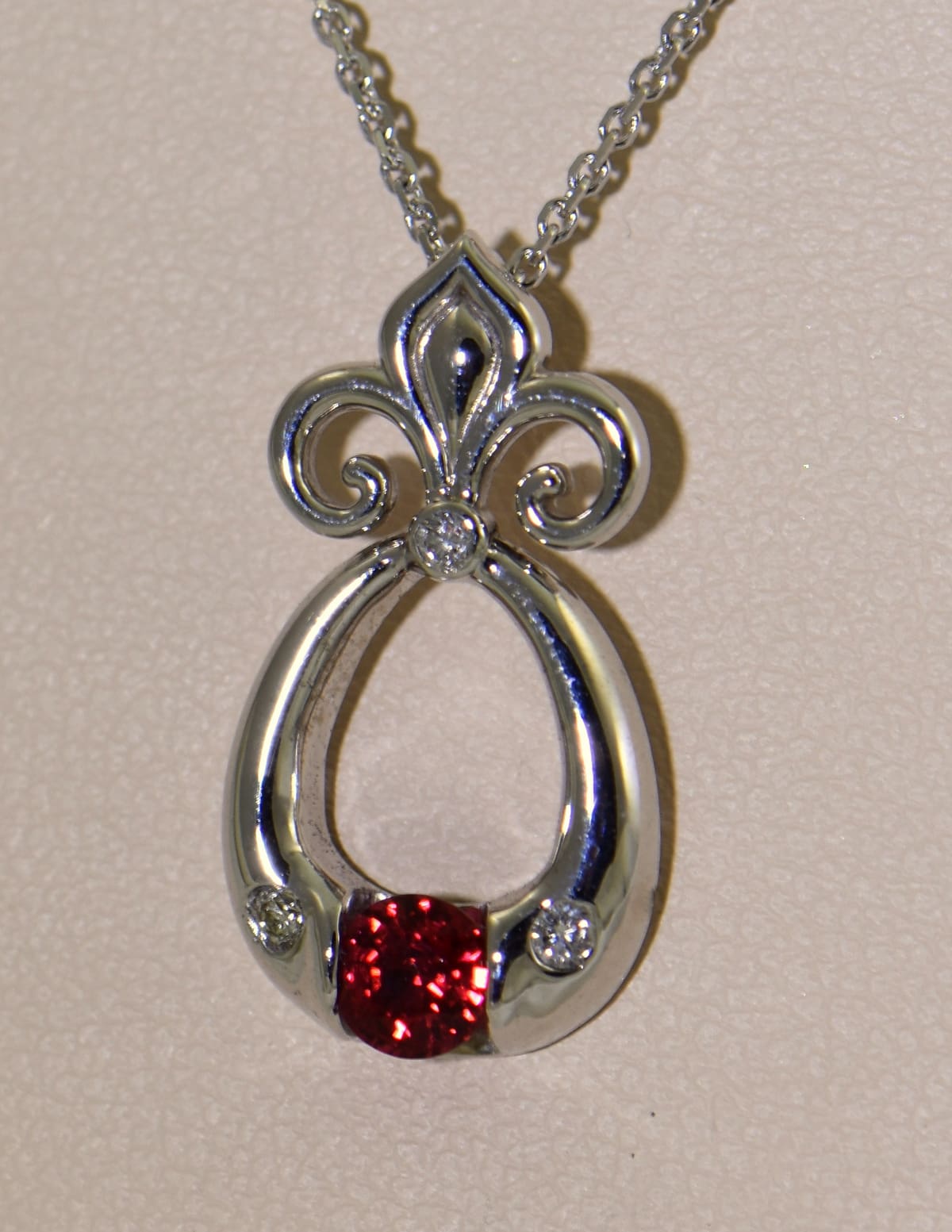 Red Spinel & Diamond Pendant with Fleur de Lis Bail