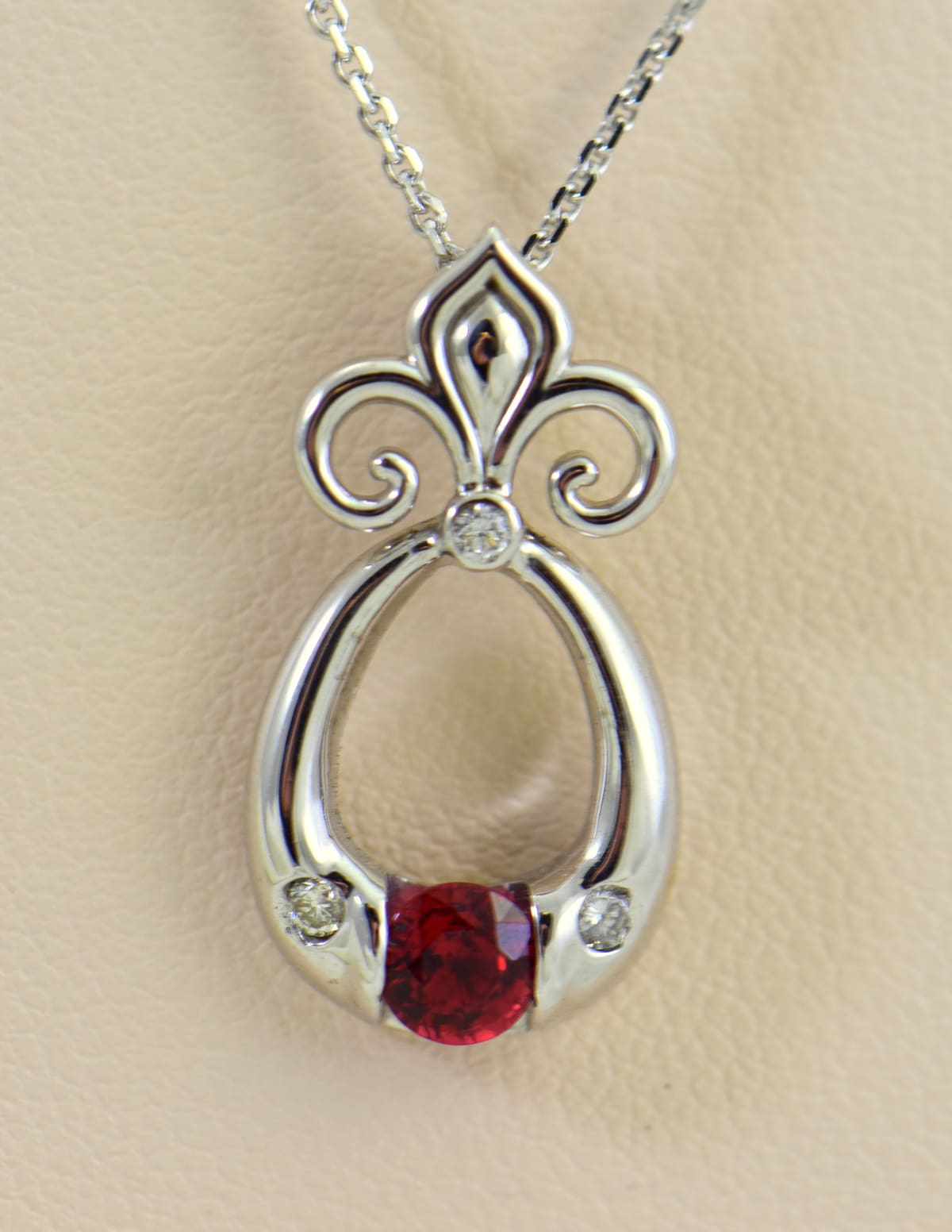Red Spinel & Diamond Pendant with Fleur de Lis Bail